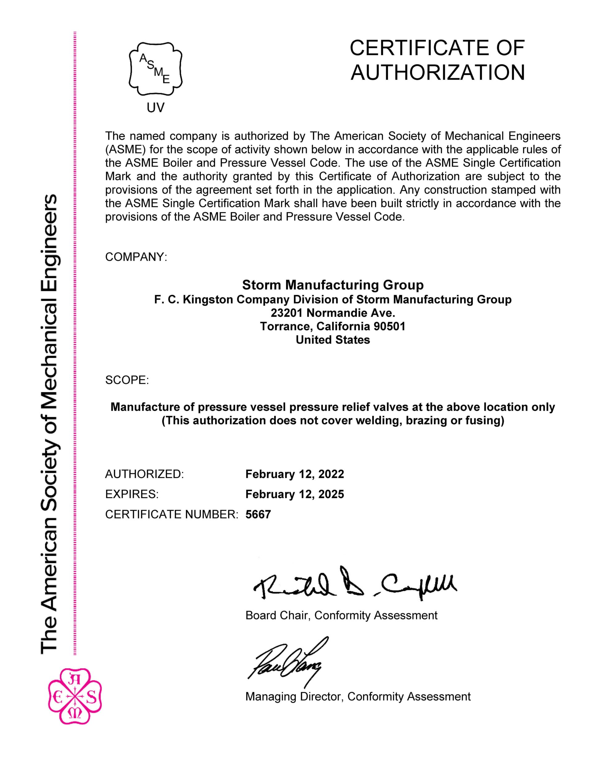 ASME UV Certificate - Kingston Valves